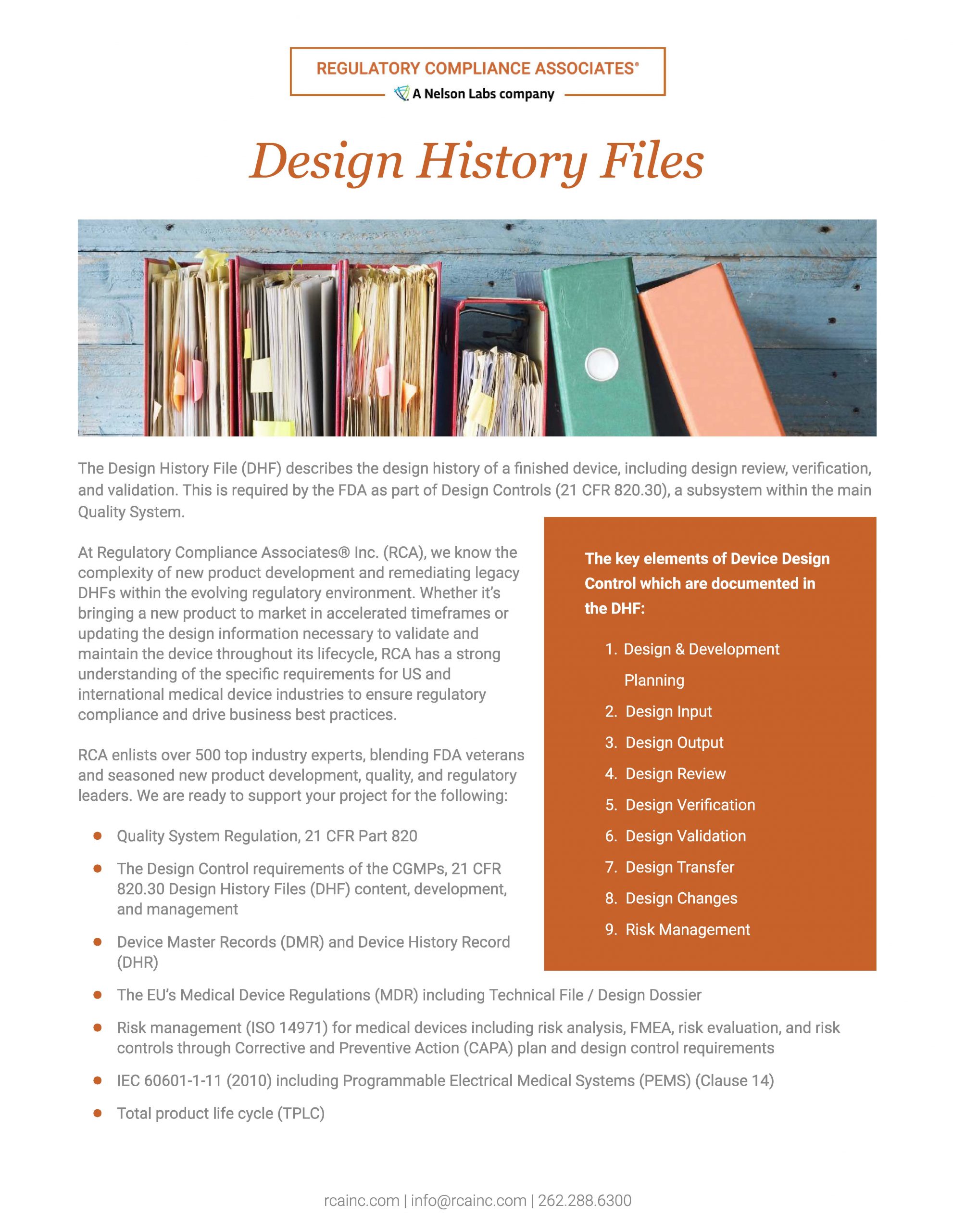 Design History File Medical Device Consultants RCA 